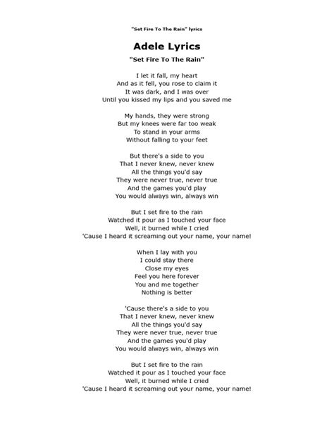 Adele Set Fire To The Rain Lyrics Pdf