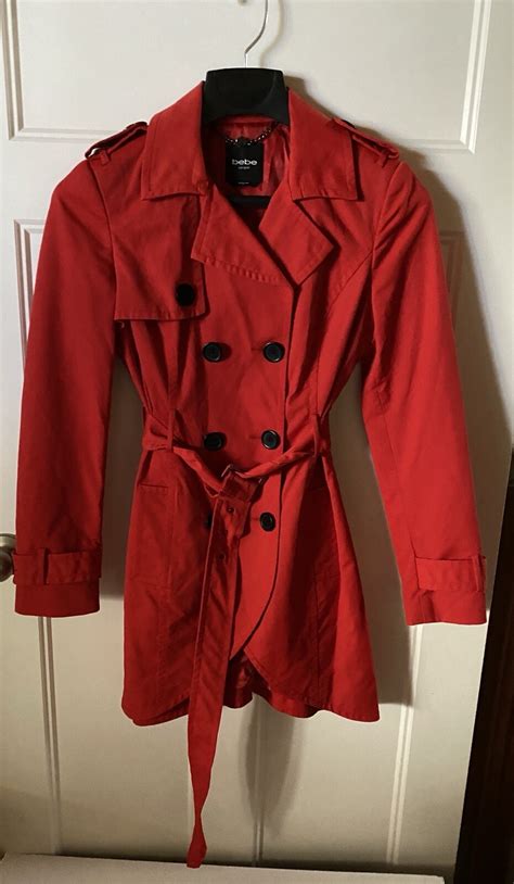 Bebe Red Trench Coat Tulip Detail Size Small Gem