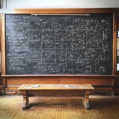 Empty Classroom With A Chalkboard Filled With Handwritten Equations And A Wooden Bench In Front
