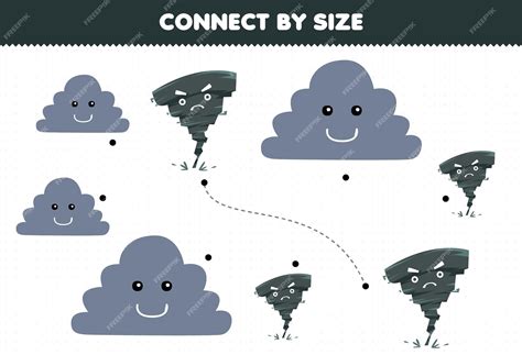 아이들을 위한 교육용 게임은 귀여운 만화 구름과 토네이도의 인쇄 가능한 자연 워크시트의 크기로 연결됩니다 프리미엄 벡터