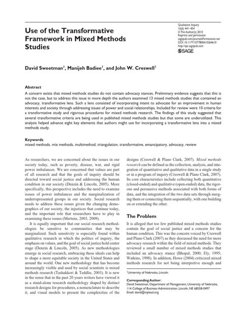 Sweetman Et Al 2010 Use Of The Transformative Framework In Mixed