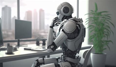 3d Rendering Of Humanoid Robot Android Technology Background In Office