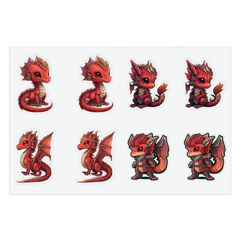 Red Dragon Chibi Sticker Sheet Bundle 5pcs Fantasy Stickers For Tabletop Gaming Roleplaying