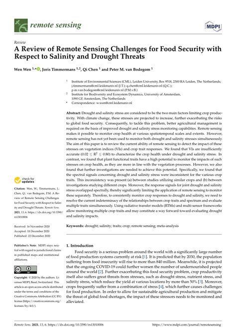 PDF Remote Sensing A Review Of Remote Sensing Challenges For Food Security With Respect To