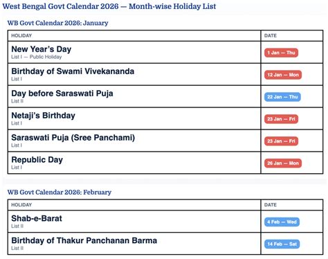 West Bengal Govt Calendar 2026 Pdf Download With Holiday List