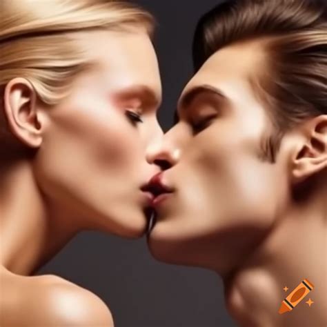 Blonde Supermodel Couple Kissing In Studio With High Contrast Lighting