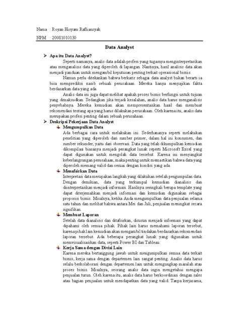 Resume Data Analyst Nama Royan Hisyam Rafliansyah Npm 20081010130 Data Analyst Apa Itu