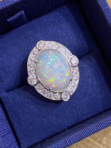Large Ethiopian Opal Vintage Diamond Ring In 18k White Gold At 1stdibs