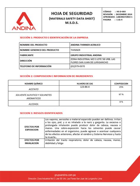 Msds De Thinner Acrilico Pdf Agua