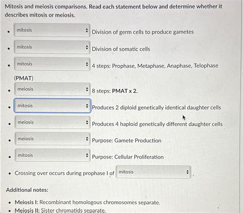 Solved Mitosis and meiosis comparisons. Read each statement | Chegg.com