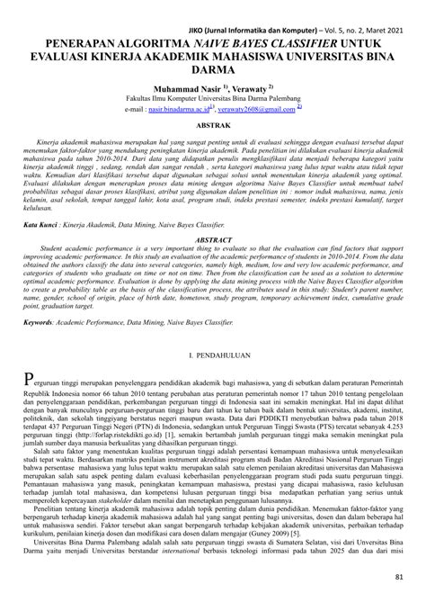 Pdf Penerapan Algoritma Naive Bayes Classifier Untuk Evaluasi Kinerja