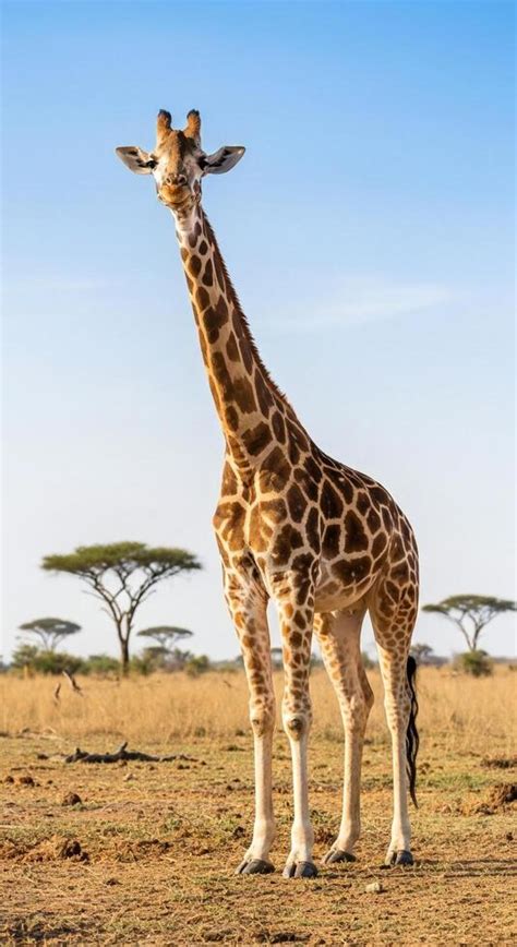 A Majestic Giraffe Stands Tall In A Sunlit African Savanna With Acacia