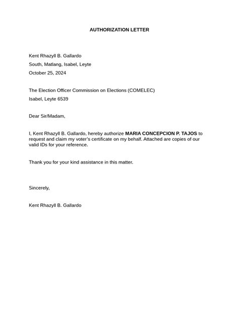 Authorization Letter For Comelec Pdf