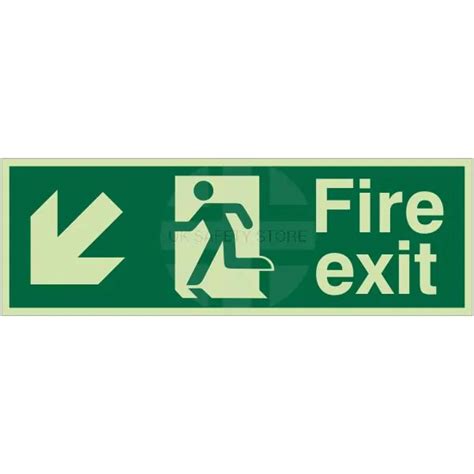 Glow In The Dark Fire Exit Arrow Down Left Sign UK Safety Store