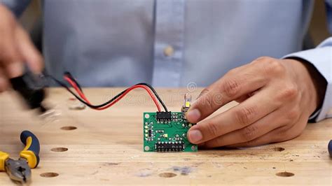 Hands Assembling Simple Electronics Kit With Glowing Led Lights Stock