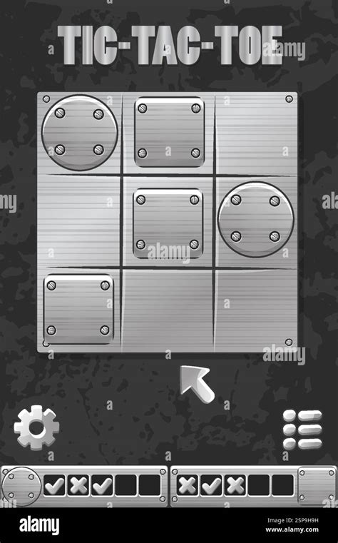 Tic Tac Toe Metal Style Ui Game With Cursor Arrow Vector Cartoon Strategy Game Noughts And