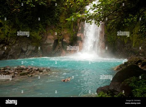 Tourist Swimming At The Waterfall With The Blue Waters Of The Rio Celeste In Volcantenorio