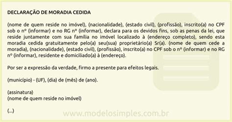 Modelo De Declaração De Moradia Cedida Modelo De Declaração De Moradia Cedida