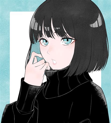 Safebooru 1girl Bangs Black Hair Black Sweater Blue Background Blue
