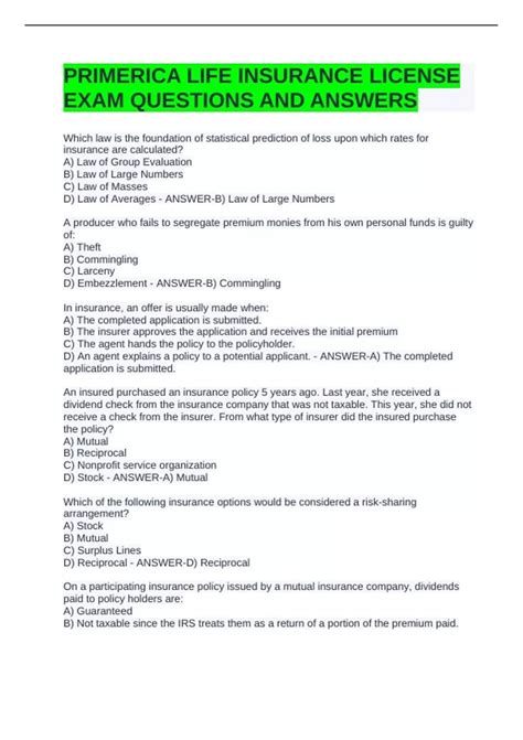 Primerica Life Insurance License Exam Questions And Answers Primerica