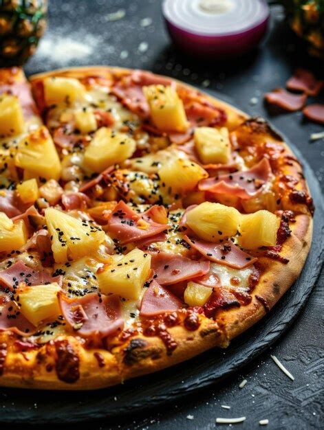 A Hawaiian Pizza With Ham And Pineapple Toppings The Pizza Is On A