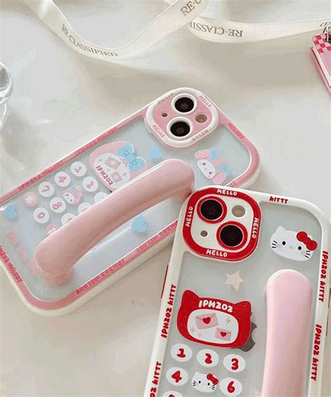레트로 전화기 핑크 마이멜로디 레드 키티 핸들 그립 홀더 거치대 손잡이 특이한 우정 귀여운 재미있는 아이폰 케이스 에이블리