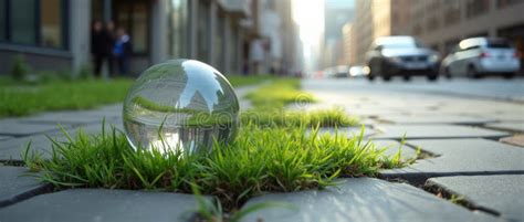 A Glass Globe Placed On A Patch Of Green Grass Growing Between Cracks