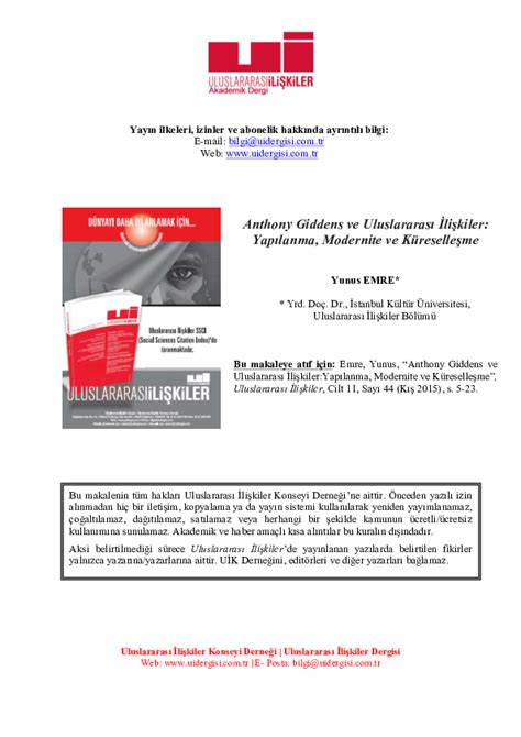 Pdf Anthony Giddens Ve Uluslararası İlişkiler Yapılanma Modernite