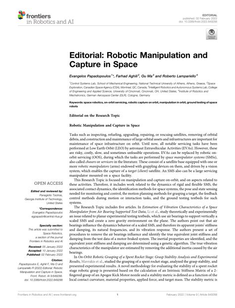 PDF Editorial Robotic Manipulation And Capture In Space
