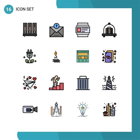 Mobile Interface Flat Color Filled Line Set Of 16 Pictograms Of Science Tree Sent Plug Baggage