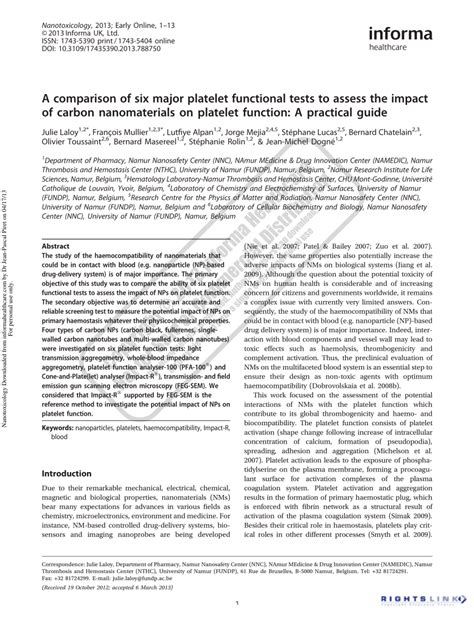 Pdf A Comparison Of Six Major Platelet Functional Tests To Assess The Impact Of Carbon