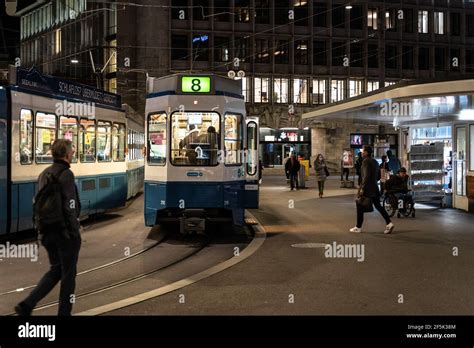 Zurich Switzerland October 27 2020 People Wait For A Tram At The