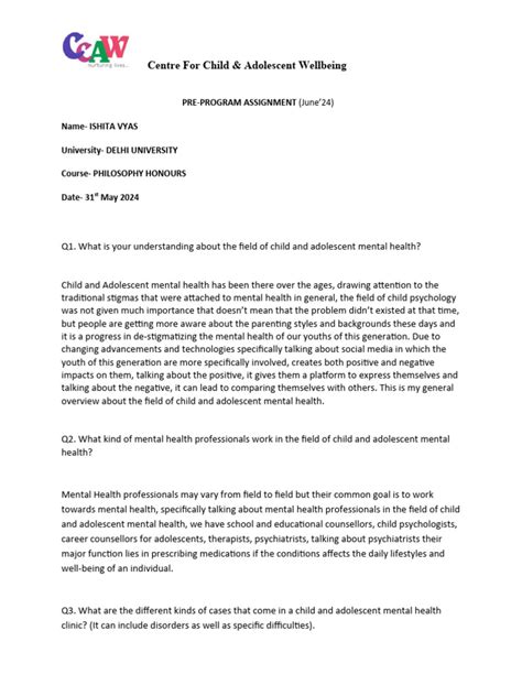 Pre Program Assignment 1 Final Download Free Pdf Psychotherapy