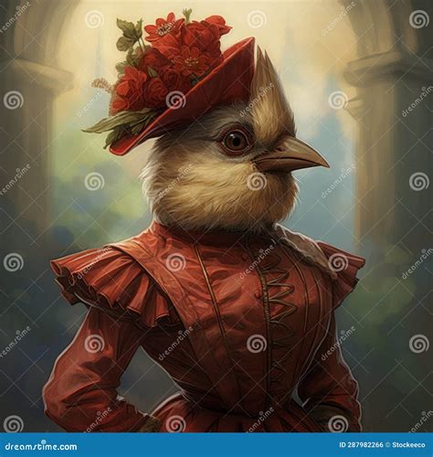 Victorian Inspired Illustration Of A Young Female Cardinal In Beatrix Potter Style Stock