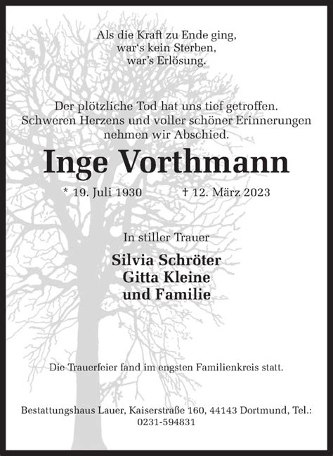 Traueranzeigen Von Inge Vorthmann Sich Erinnernde