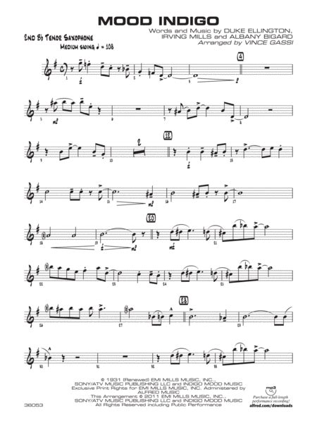Mood Indigo 2nd B Flat Tenor Saxophone By Duke Ellington Jazz