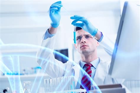 Premium Photo Scientist With Tube Pcr And Virtual Screen With Data Scientific At Genetic