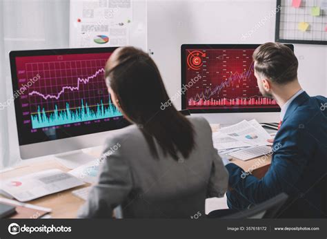 Selective Focus Information Security Analysts Working Computers Papers Table Office — Stock