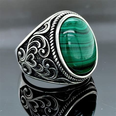 Men Silver Natural Malachite Ring Engraved Silver Malachite Ring
