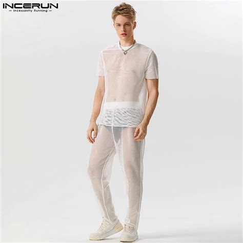 Men Sets Mesh See Through Streetwear O Neck Short Sleeve T Shirt