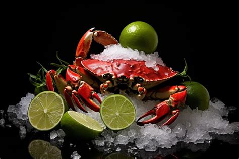 Crab With Lime And Salt On A Black Background Seafood Premium Ai