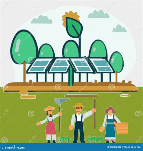 Farmers Agroforestry Solar Panels Vector Graphics Stock Illustration