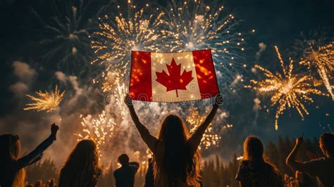 Celebrating Canada Day Silhouette Of People With Canadian Flag And