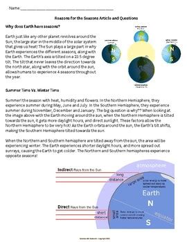 Reasons For The Seasons Article And Questions By Science With Sadowski