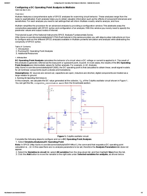 Configuring A Dc Operating Point Analysis In Multisim National Instruments Pdf Spice