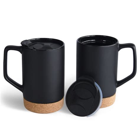 Matte Finish Ceramic Coffee Mug Set Cork Base Splash Proof Lid Etsy