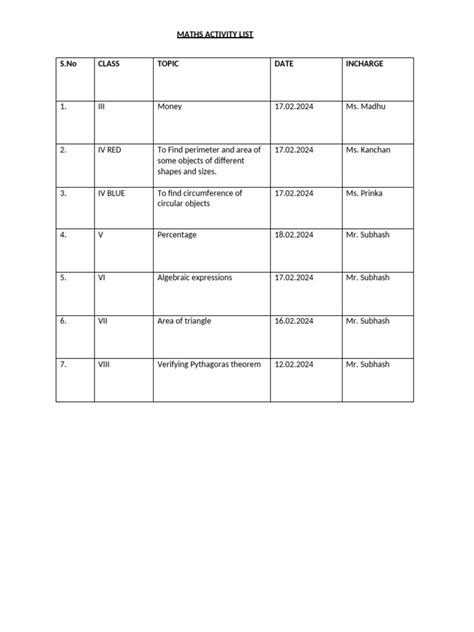Maths Activity Schedule Pdf