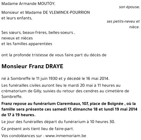 Avis De Décès De Franz Draye Décédé Le 16 05 2014 à Sombreffe Annonce Condoléances Fleurs