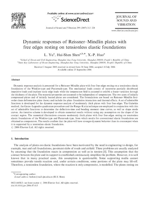 Pdf Dynamic Responses Of Reissnermindlin Plates With Free Edges Resting On Tensionless