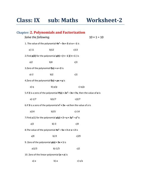 Class 9 Polynomials And Factorization Worksheet 2 Online Exercise For Live Worksheets